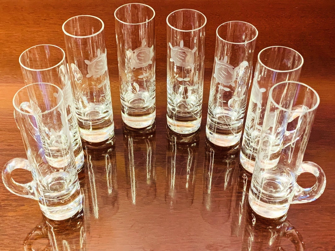 Vintage Set of 8 Shot Glasses Blown Glass Gray Cut Etched Floral ...