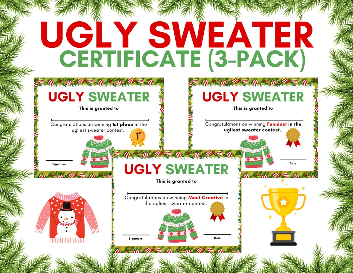 EDITABLE Ugly Sweater Certificate (3-pack) - Christmas Sweater ...