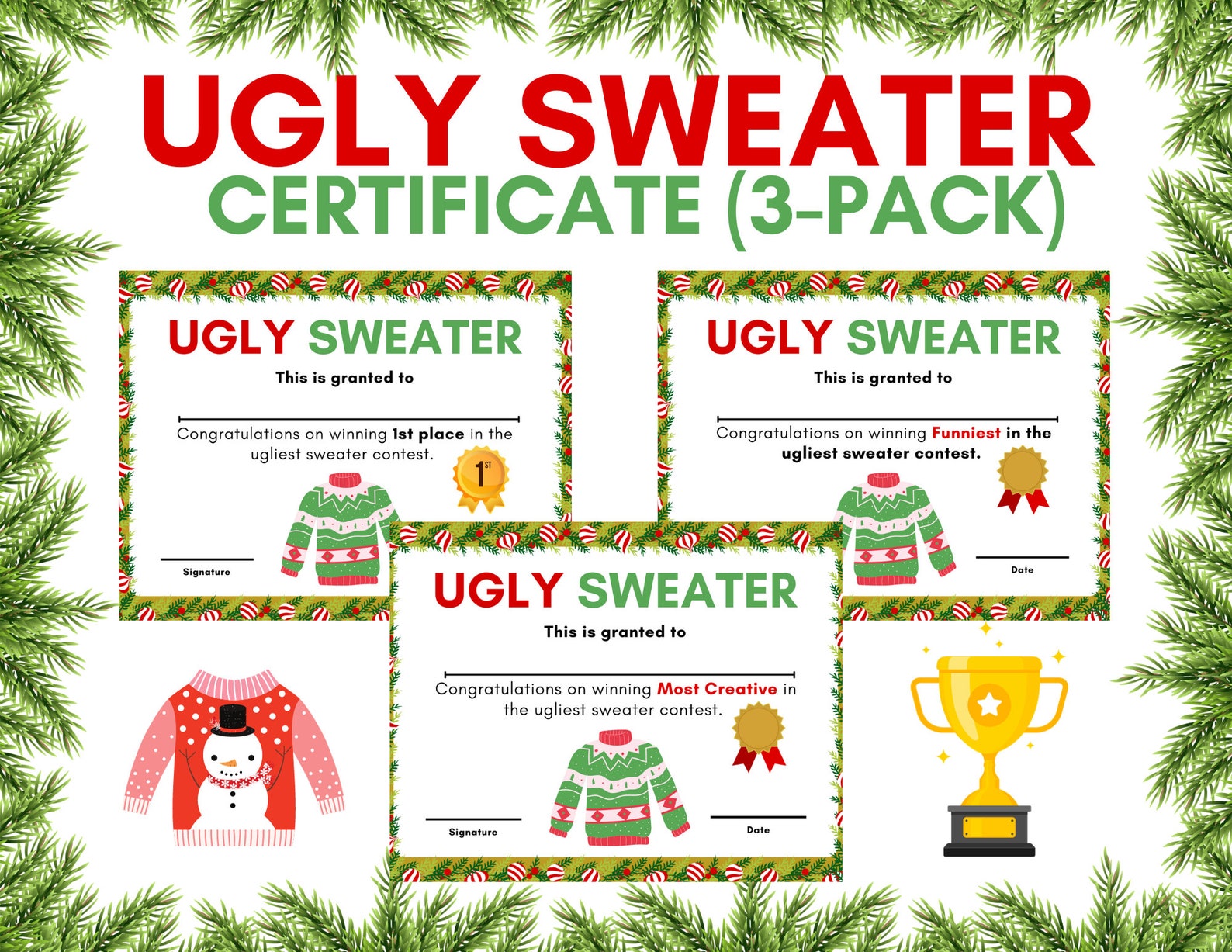 EDITABLE Ugly Sweater Certificate (3-pack) - Christmas Sweater ...