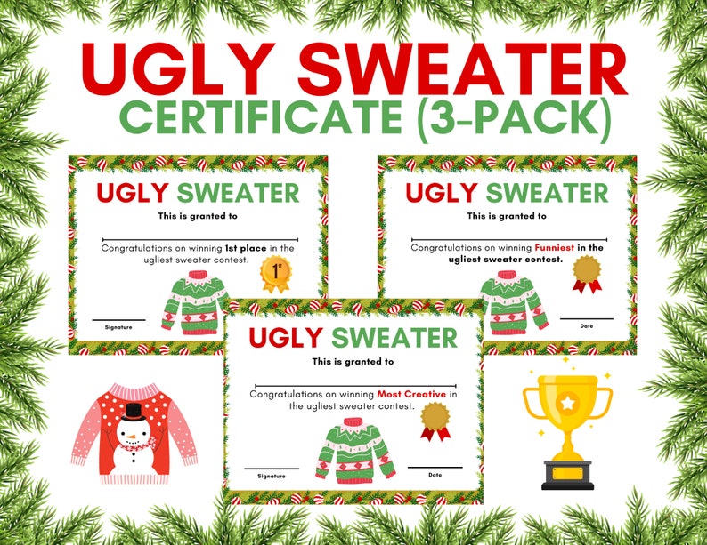 EDITABLE Ugly Sweater Certificate (3-pack) - Christmas Sweater ...
