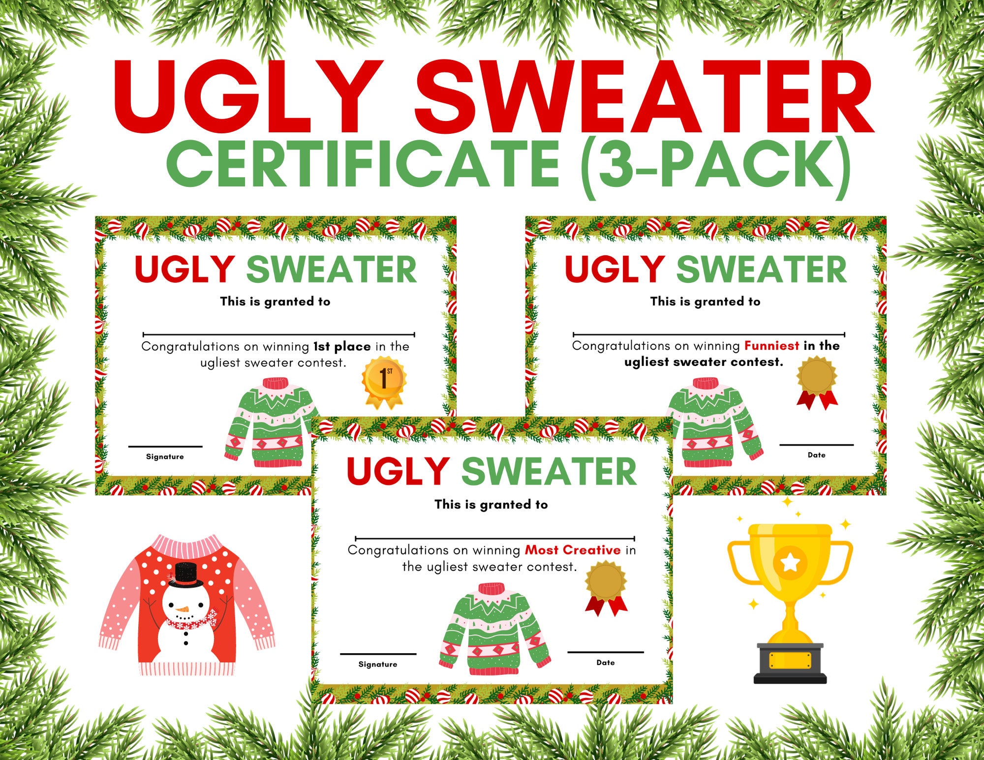 EDITABLE Ugly Sweater Certificate (3-pack) - Christmas Sweater ...