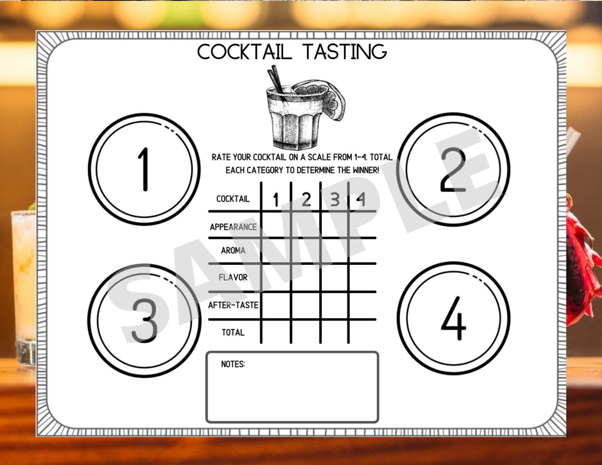 COCKTAIL Tasting Flight Placemat - Printable Cocktail Scorecard ...