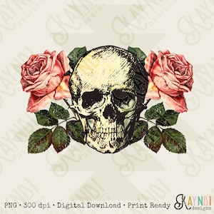 Vintage Skull Roses Sublimation Design PNG Digital Download Printable ...