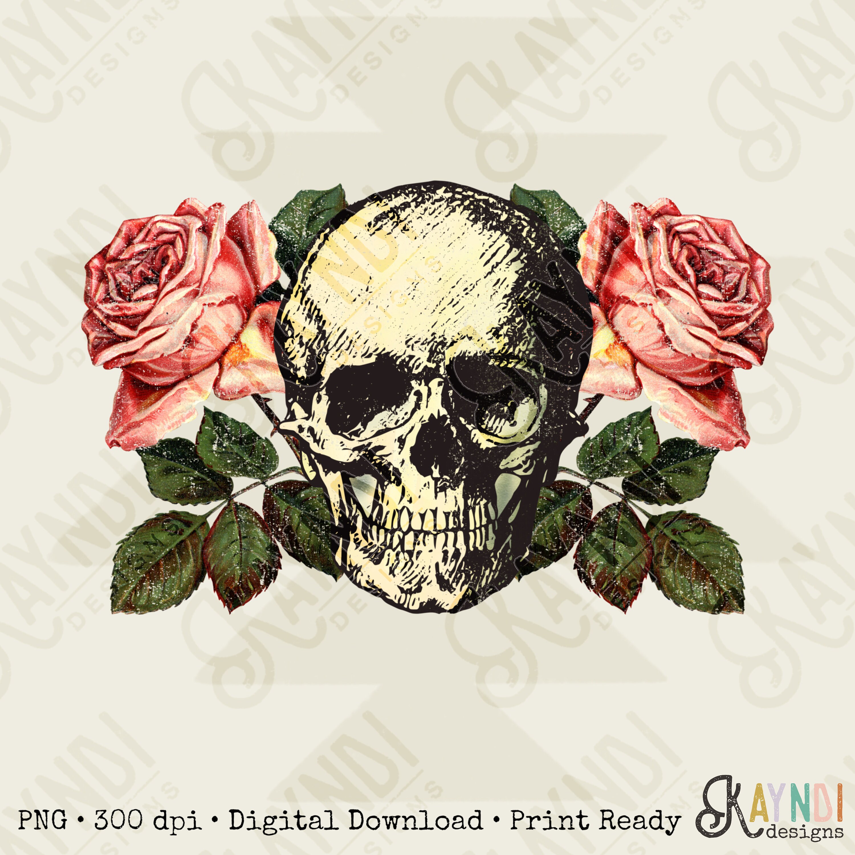 Vintage Skull Roses Sublimation Design PNG Digital Download Printable ...