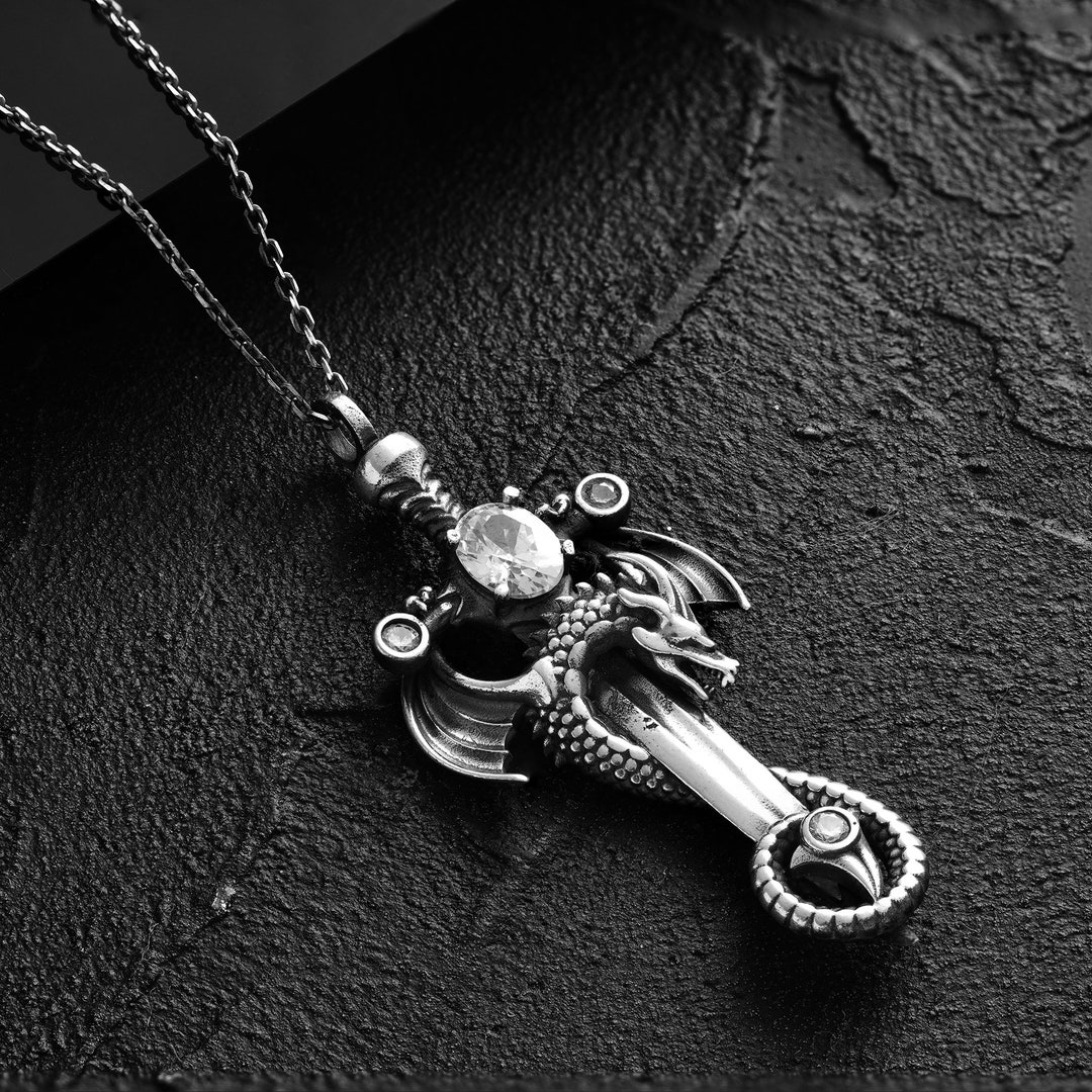 Sterling Silver Ancient Stone Dragon Sword Necklace | Dragon Necklace ...