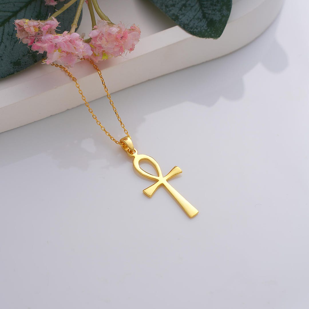 14k Gold Vermeil Ankh Necklace, Ancient Egyptian Cross of Life Pendant ...