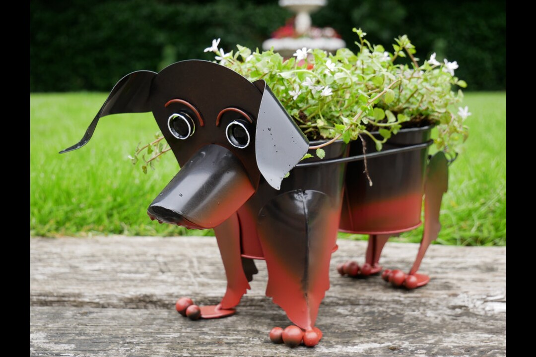 Metal Nodding Sausage Dog Daschund Home Garden Flower Planter Plant Pot ...