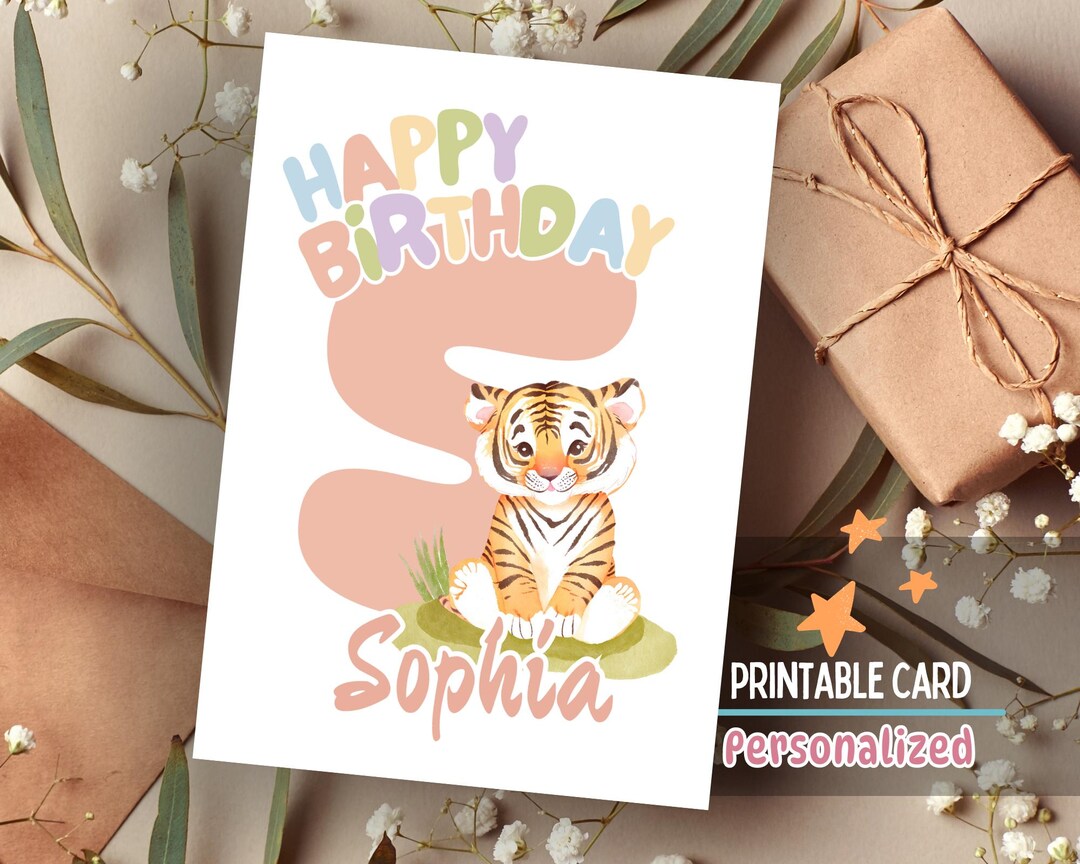 Printable Personalized Birthday Card for Kids – With Baby Tiger and ...