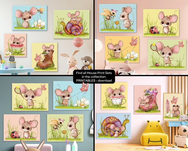 Mouse Prints No 3 – Nursery Print Set Download, Variable Background ...