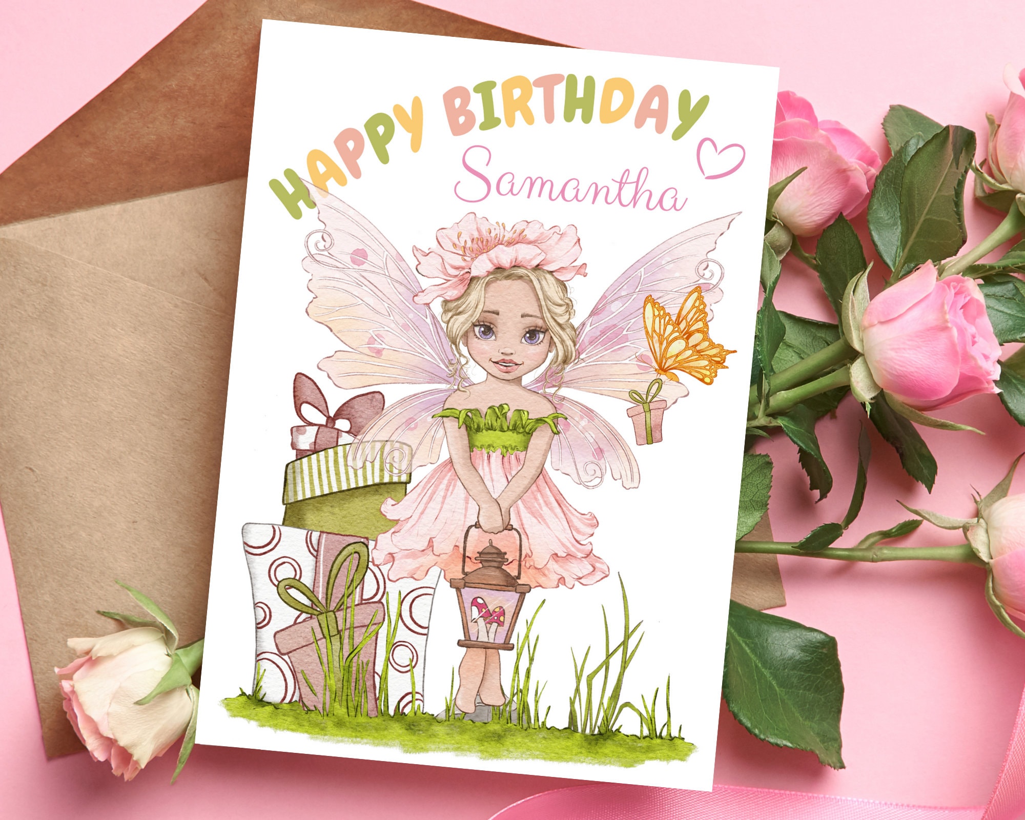 Printable Girls Birthday Card - Fairy Light Pink, Cute Birthday Card ...