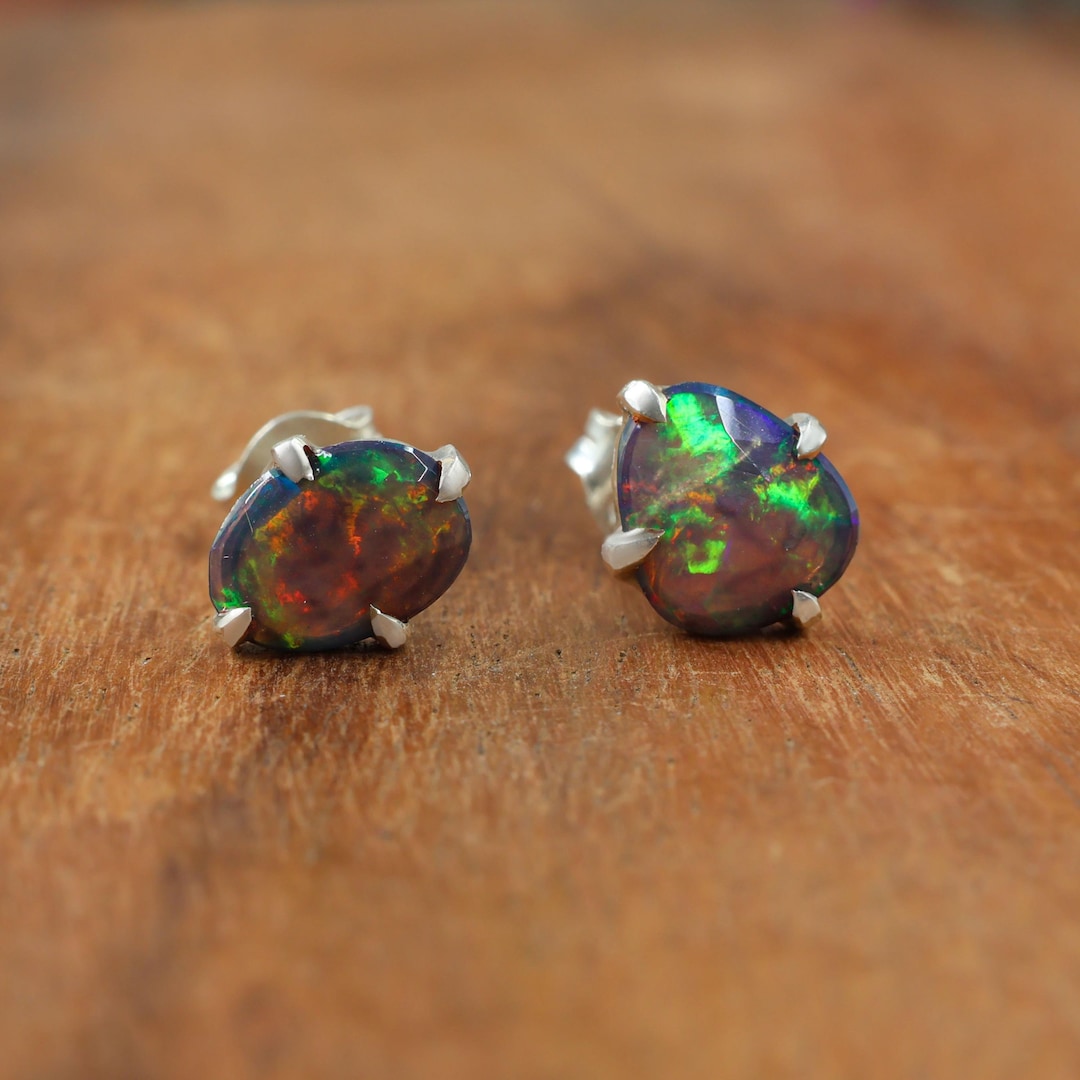 Raw Black Opal Stud Earrings, Natural Fire Opal Earrings, Vintage Fire ...