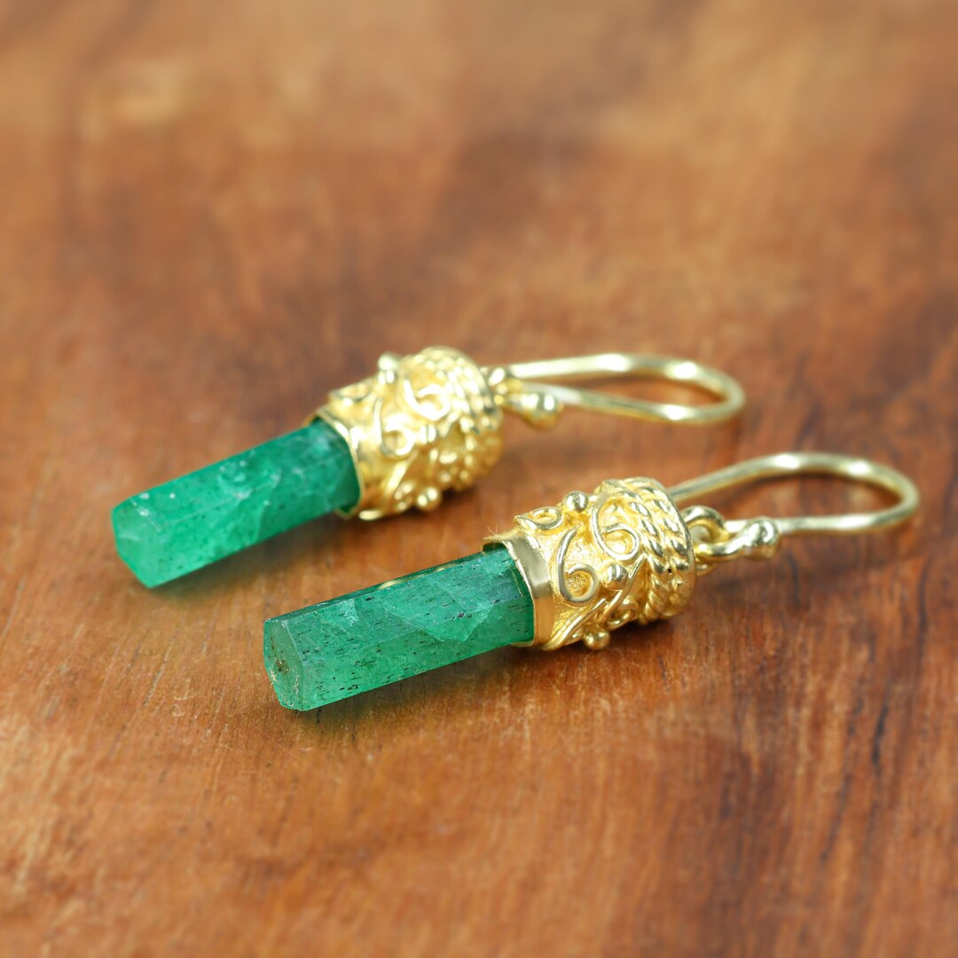 Hexagon Emeral Pencil Dangle Gold Unique Design Earrings for Women ...