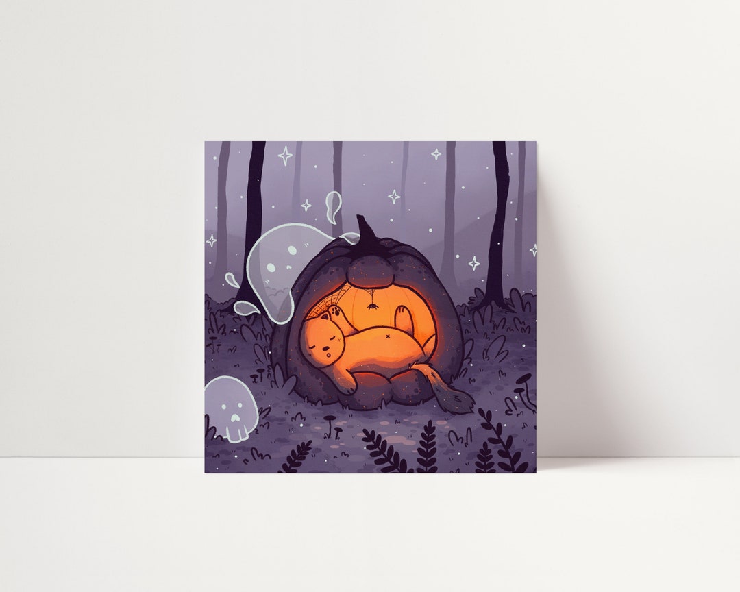 Sleepy Pumpkin Cat | Square Art Print - Etsy