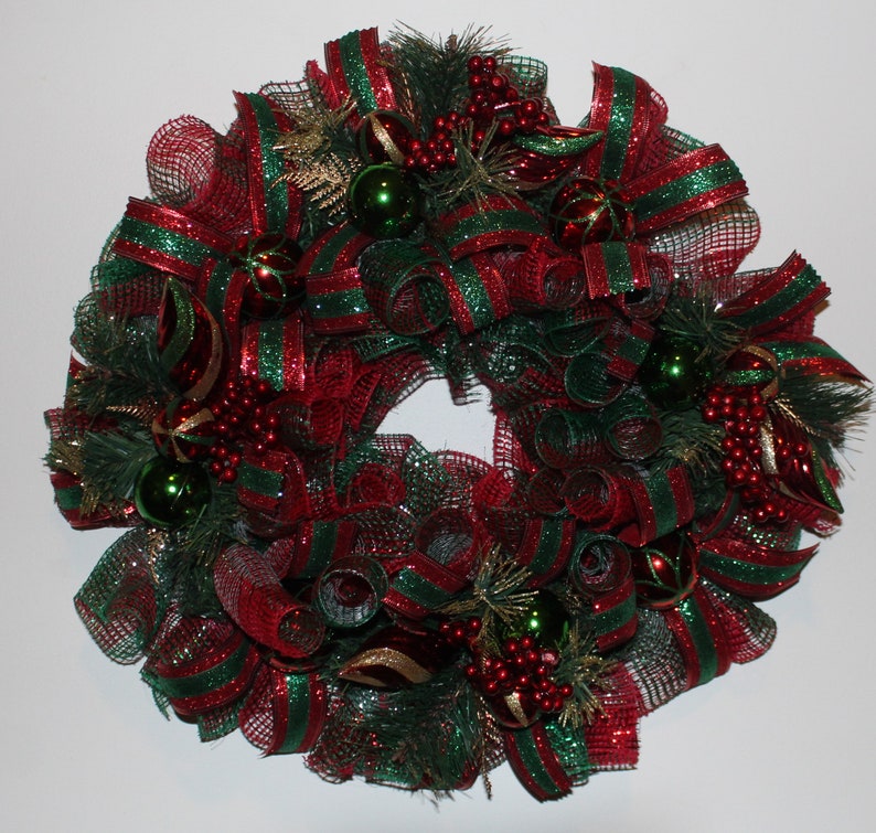 Red/green/gold Deco Mesh Christmas Wreath for Your Christmas Door on a ... Red/green/gold Deco Mesh Christmas Wreath for Your Christmas Door on a ...