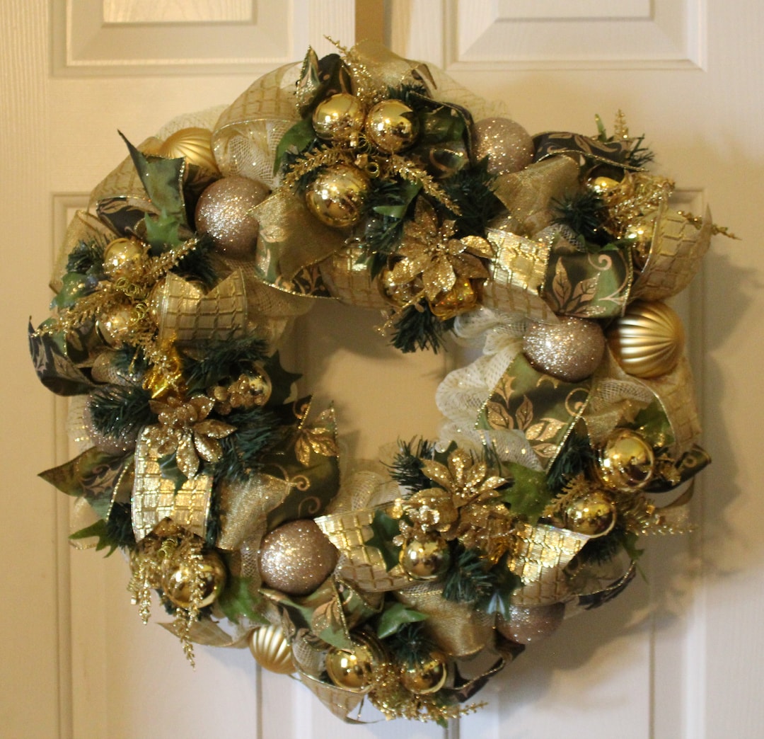 Gold Deco Mesh Christmas Wreath - Etsy