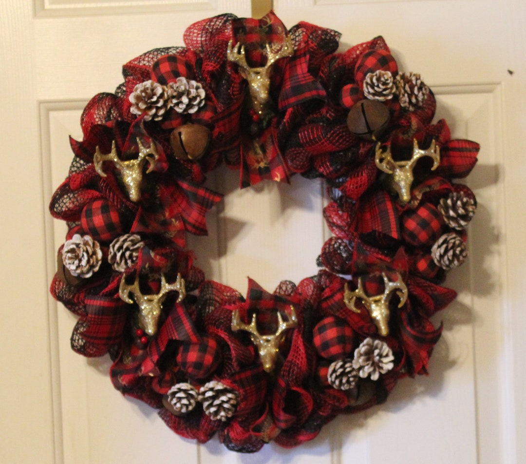 Black and Red Plaid Deco Mesh Christmas Wreath With Gold Deer Heads - Etsy