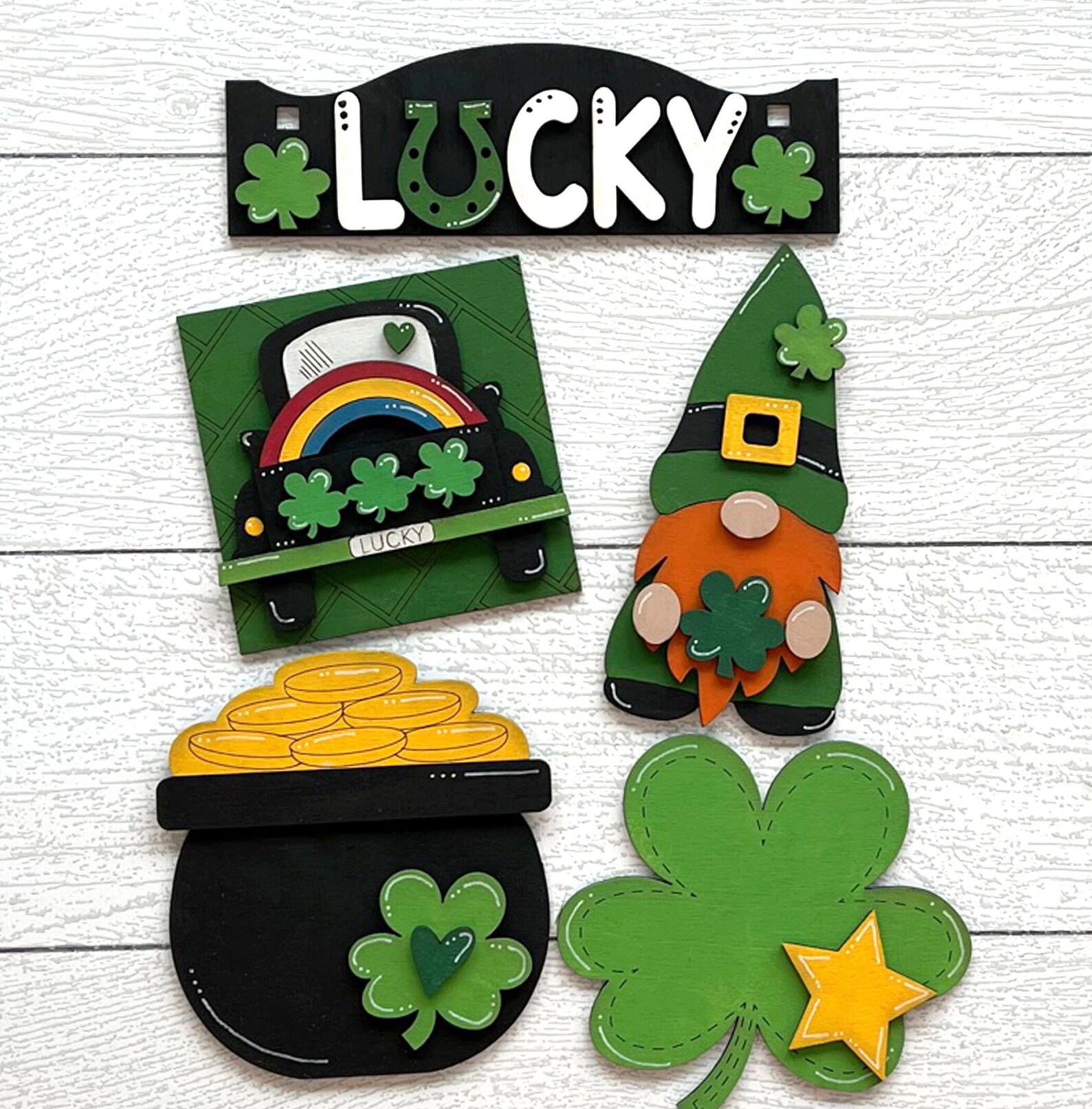 St Patrick's Day Lucky Gnome Tiered Tray Set With Banner - Flat Tiered ...
