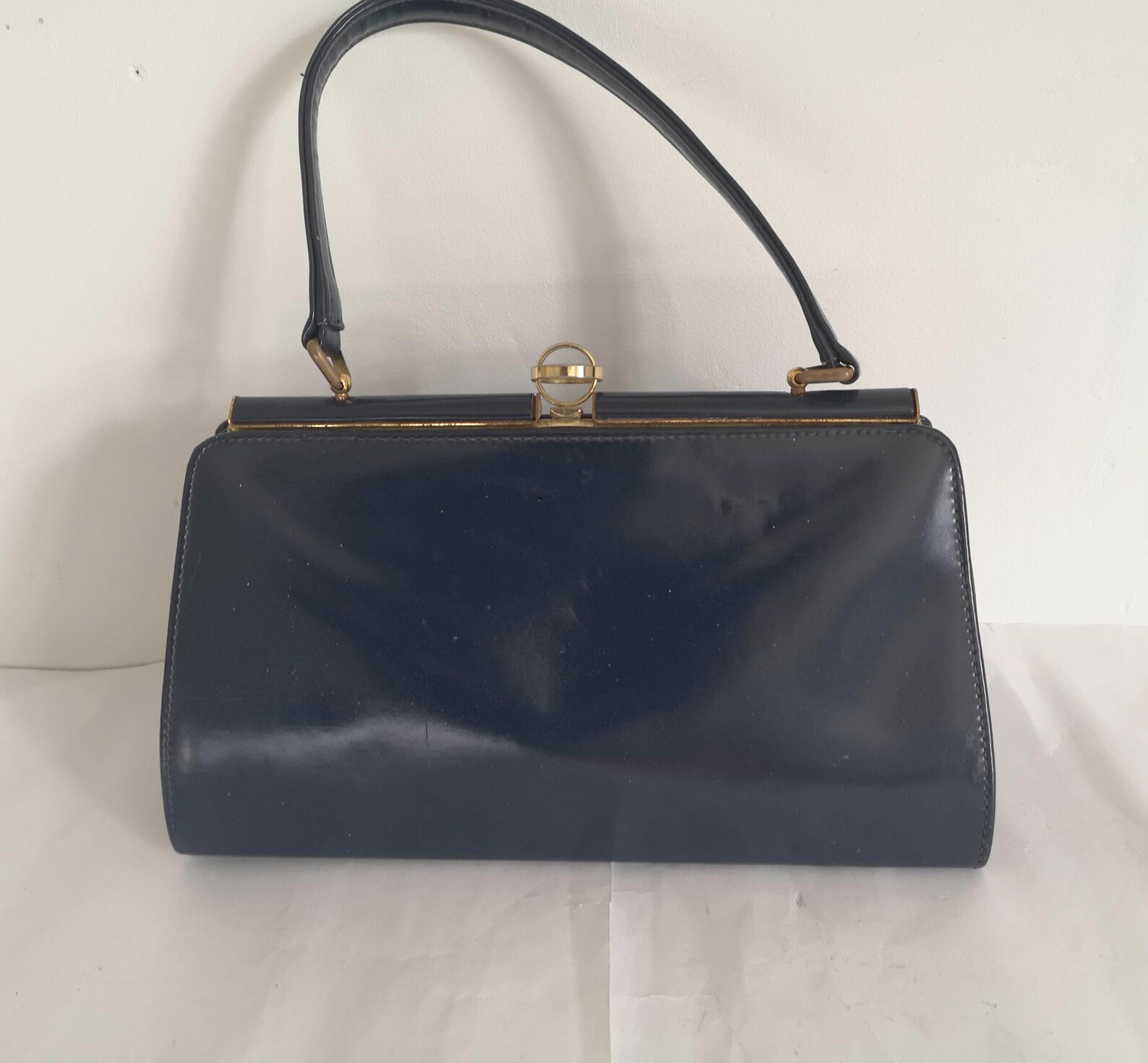 Vintage 60s Hand Bag Navy Blue Vinyl Handbag Classic Secretary Style ...