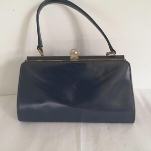 Vintage 60s Hand Bag Navy Blue Vinyl Handbag Classic Secretary Style ...