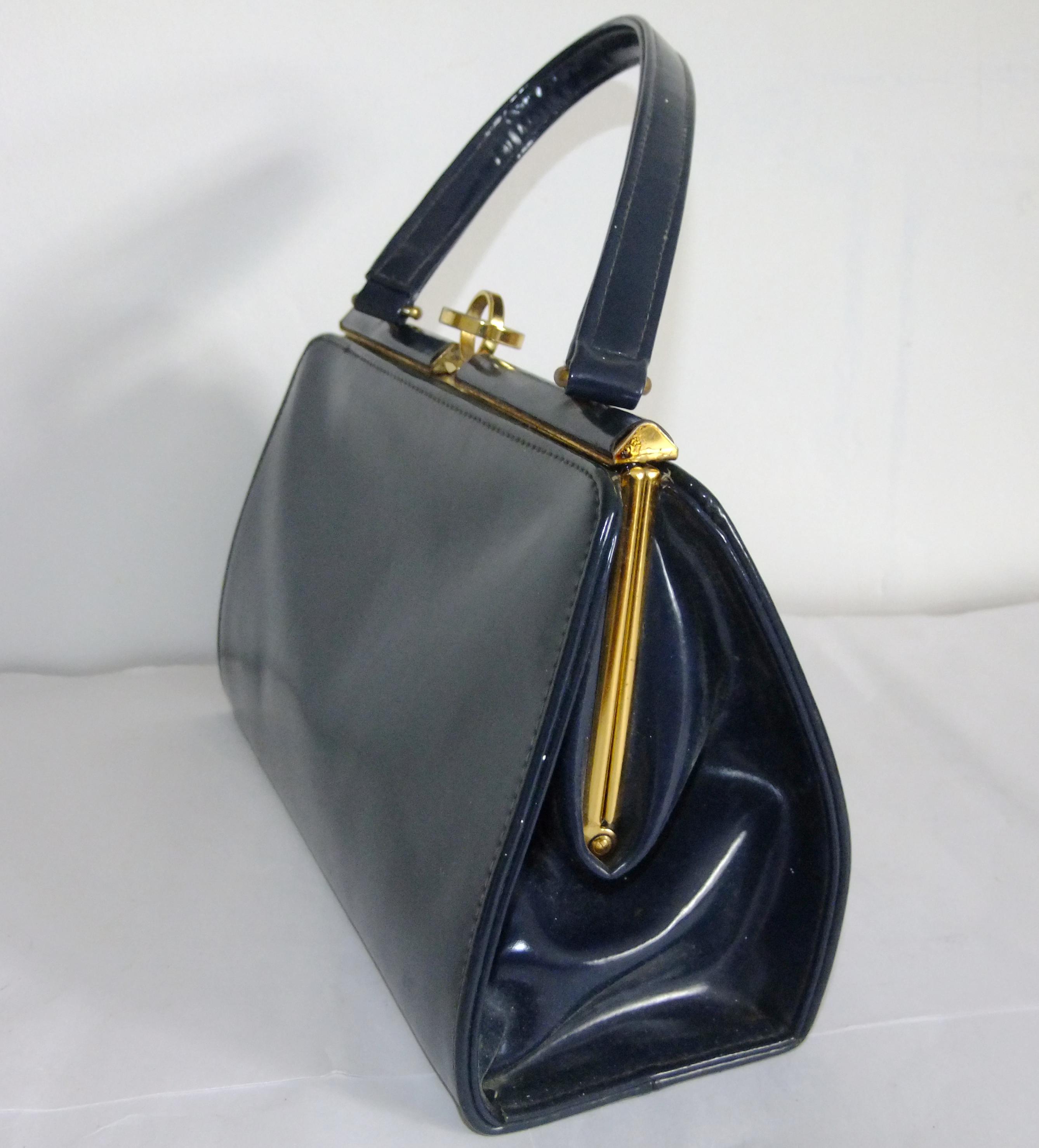 Vintage 60s Hand Bag Navy Blue Vinyl Handbag Classic Secretary Style ...