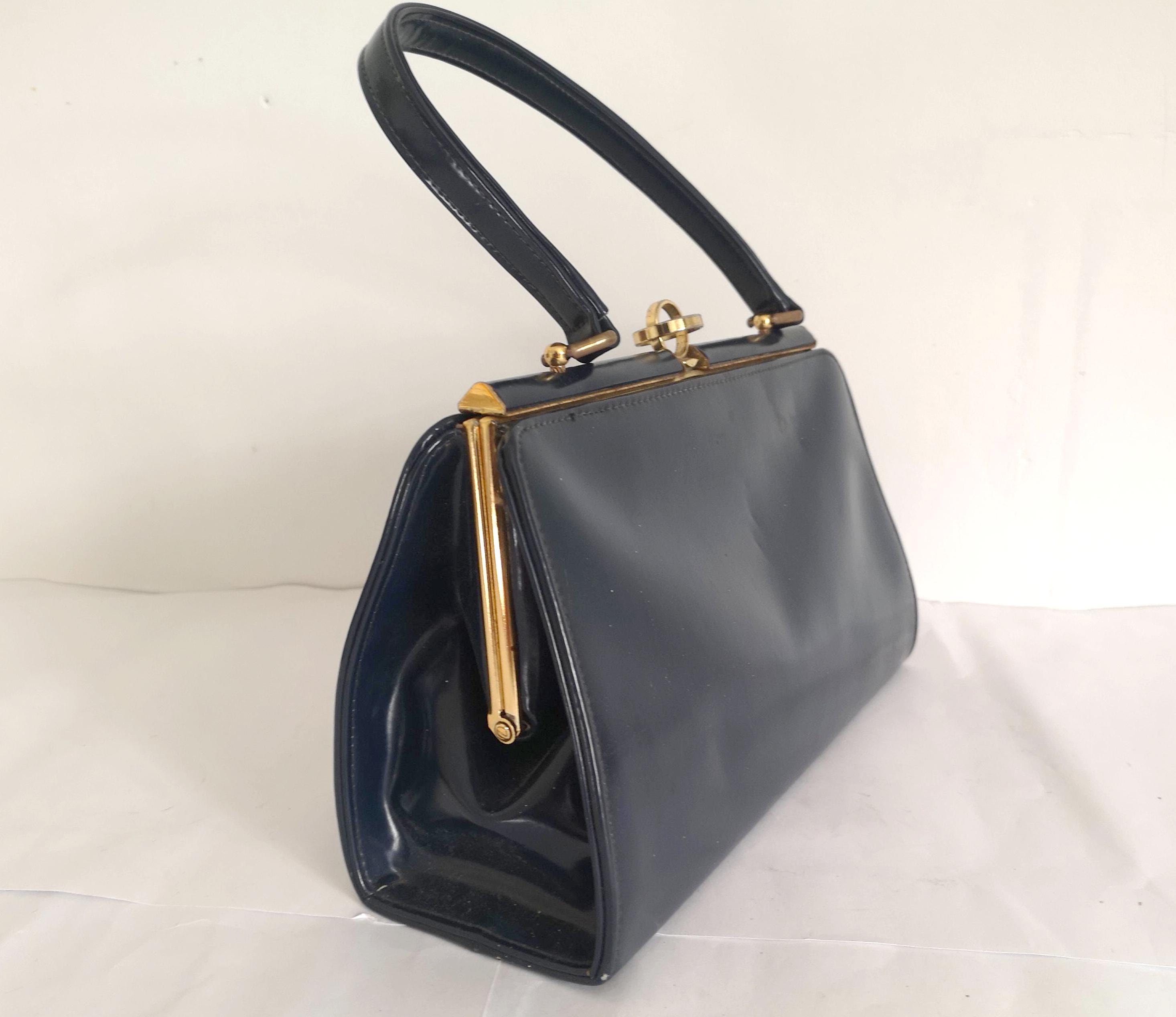 Vintage 60s Hand Bag Navy Blue Vinyl Handbag Classic Secretary Style ...