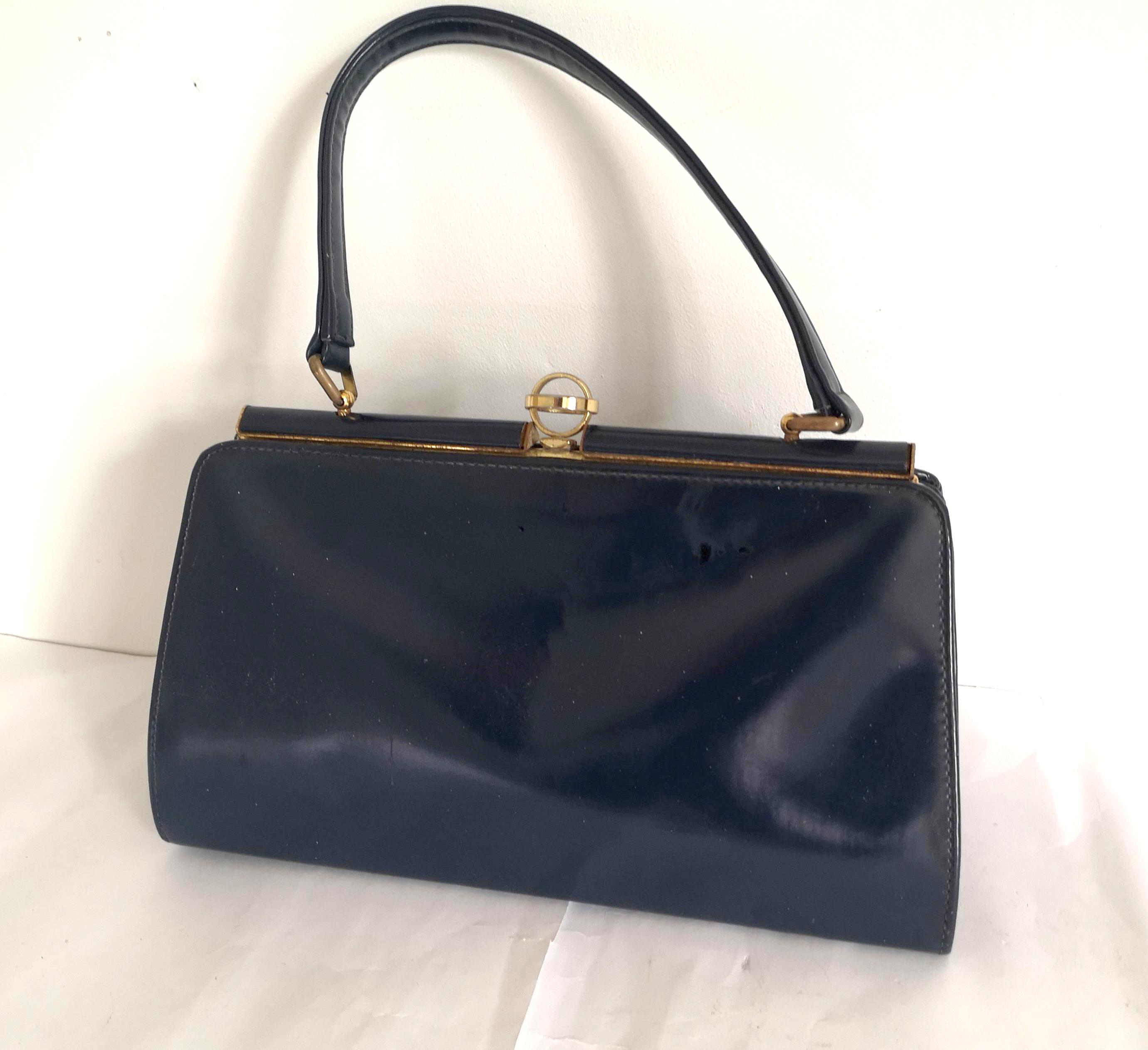 Vintage 60s Hand Bag Navy Blue Vinyl Handbag Classic Secretary Style ...