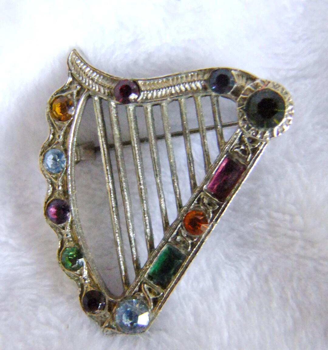 Vintage 80s Brooch Irish Harp Lapel Pin Sparkly Broach Gold Colour With ...