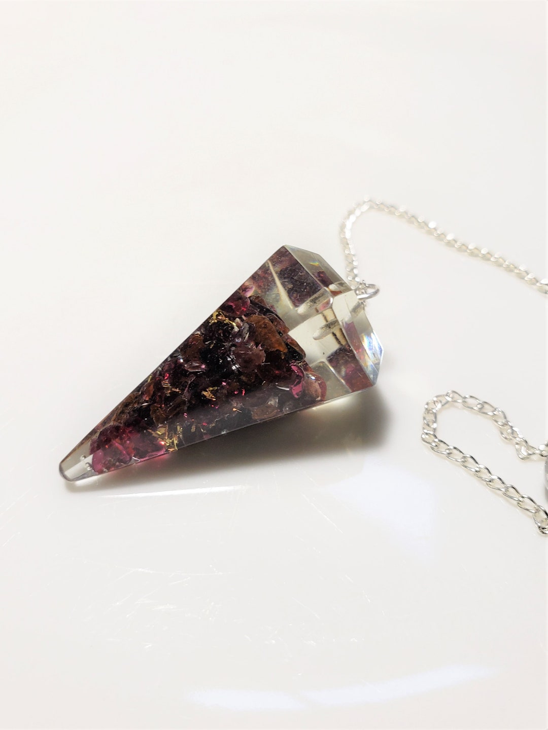 Natural Garnet Pendulum, Orgone Pyramid Pendulum, 6 Sided With Chain and Bead / Gemstone ...