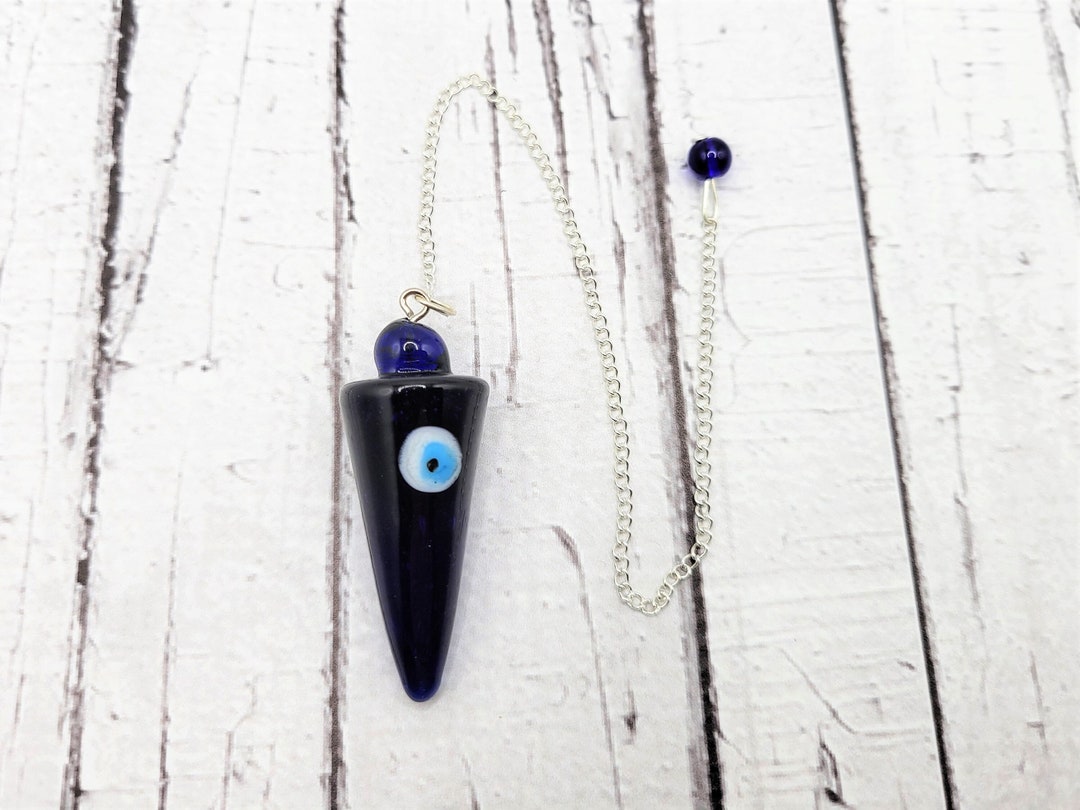 Cobalt Blue Glass Evil Eye Pendulum Talisman With Chain and Bead / Evil Eye Pendulum ...