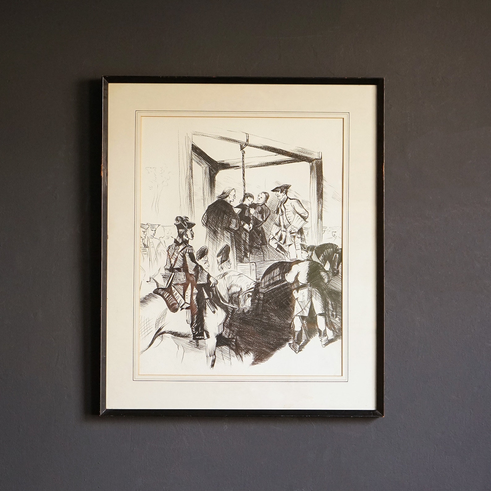 Vintage Framed Drawing Depicting a Dark and Macabre Hanging Scene ...
