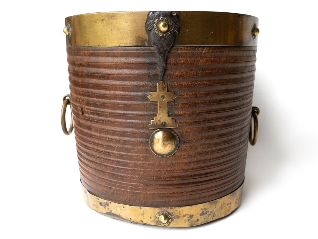 Antique South Indian Teak and Brass Rice Bucket Container, 19th Century ...
