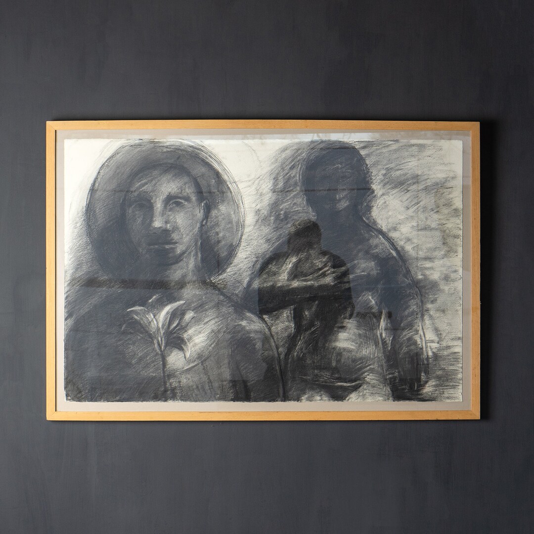 Large Vintage Original Monochrome Charcoal Drawing of Two - Etsy