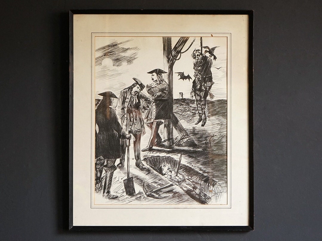 Vintage Framed Drawing Depicting a Dark and Macabre Hanging Scene ...