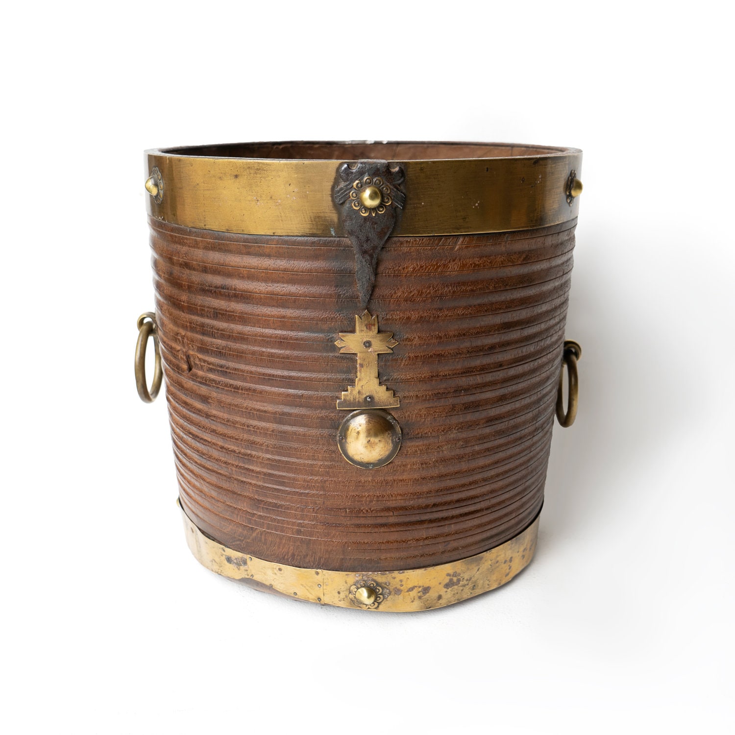 Antique South Indian Teak and Brass Rice Bucket Container, 19th Century ...