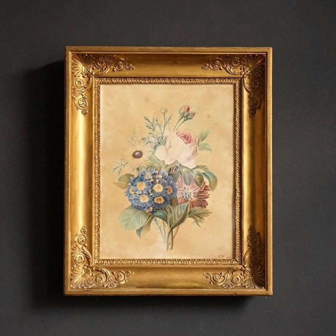 Bodegón original antiguo en acuarela con flores, siglo XIX - Etsy España