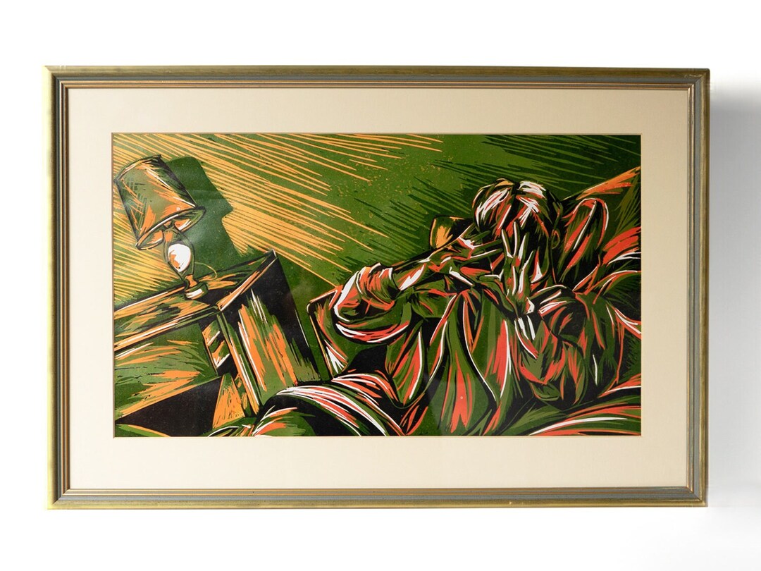 Vintage Linocut Print Depicting A Dramatic Interior Scene, Late 20th ...