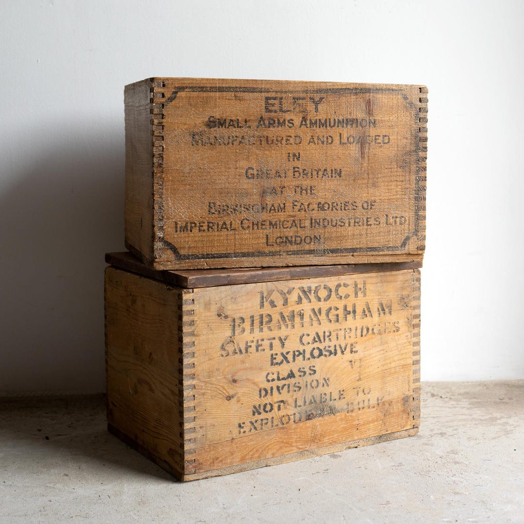 Pair of Vintage Wooden Shotgun Cartridge Ammo Box Crates, Kynoch and ...