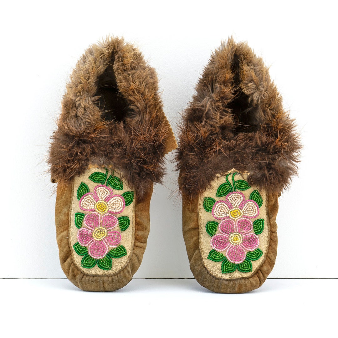 Vintage Ojibwe Beaded Moose Skin Moccasins - 1950s Leather First Nation ...