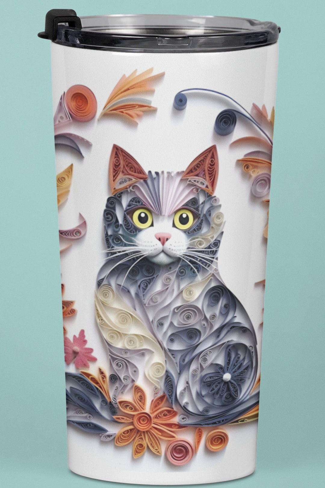 Whimsical Whiskers: A Paper Quilled Cat Amidst a Floral Garland Tumbler ...
