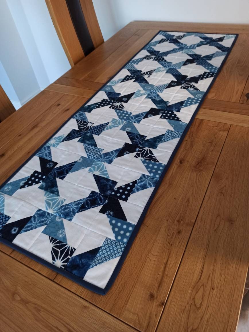Unique Handmade Cotton Quilted Table Runner in Blues and White - Etsy