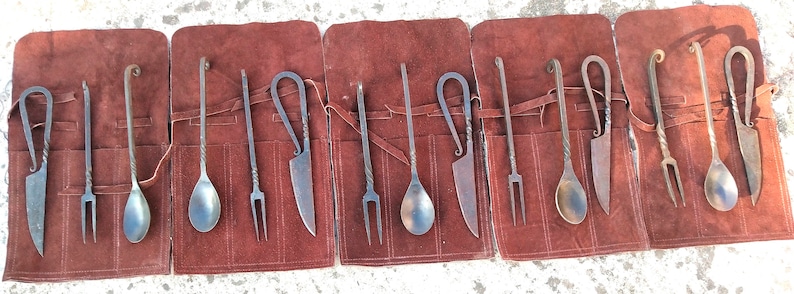 Pack of 5 Hand Forged Medieval Cutlery Set With Brown Leather - Etsy