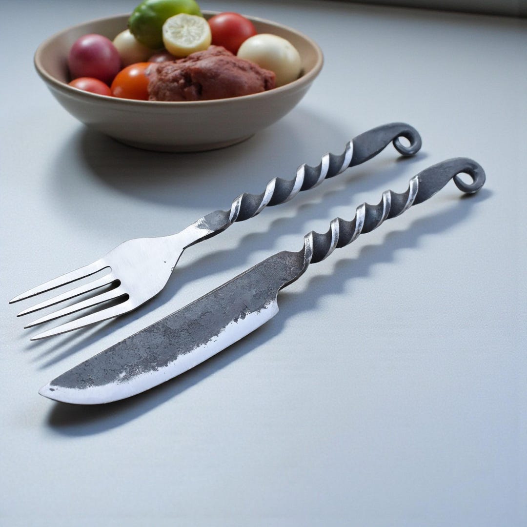 Hand-forged Iron Knife & Fork Set – Twisted Handle Artisan Utensils - Etsy