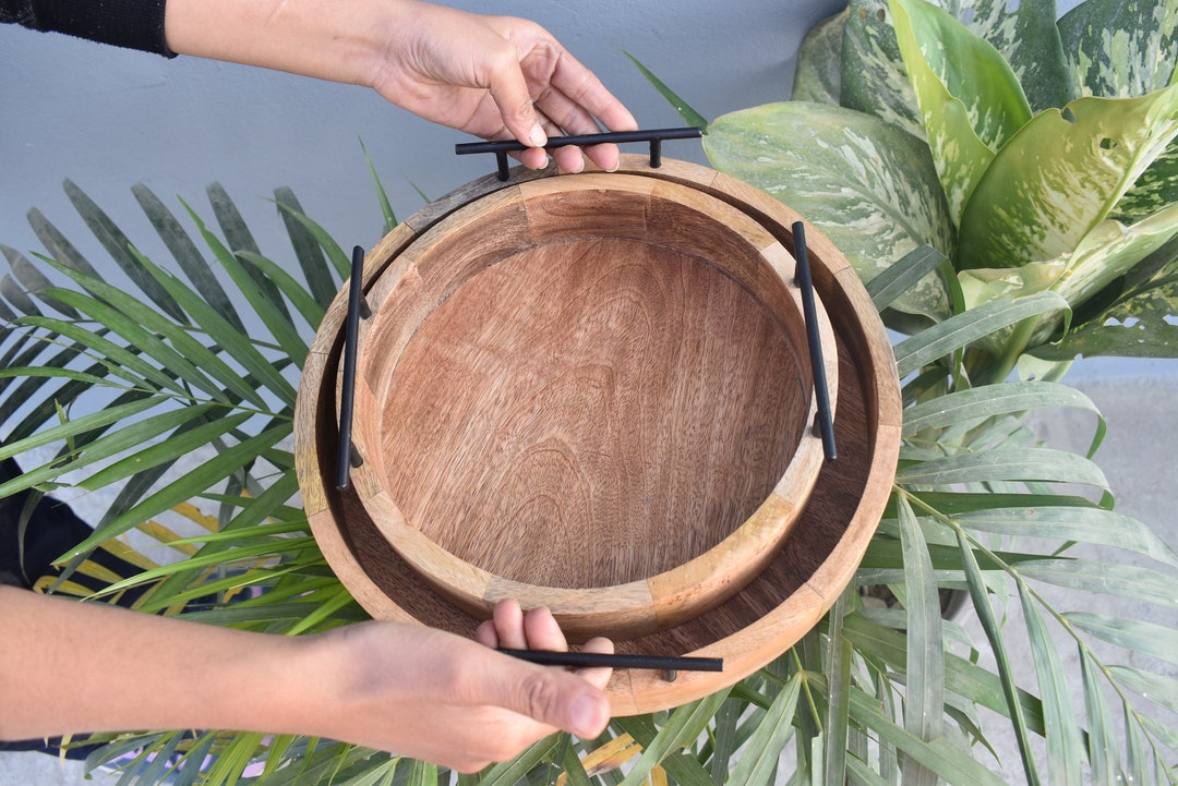 Handcrafted Wooden Circular Tray Set With Metal Handles - Etsy