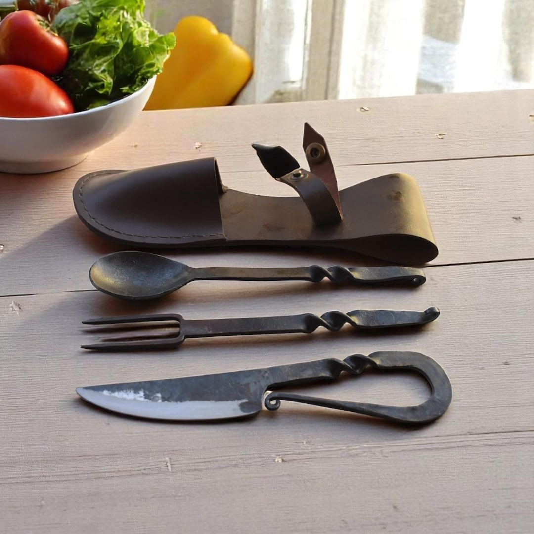 Hand Forged Medieval Cutlery Set With Leather Pouch. Best for Outdoor ...