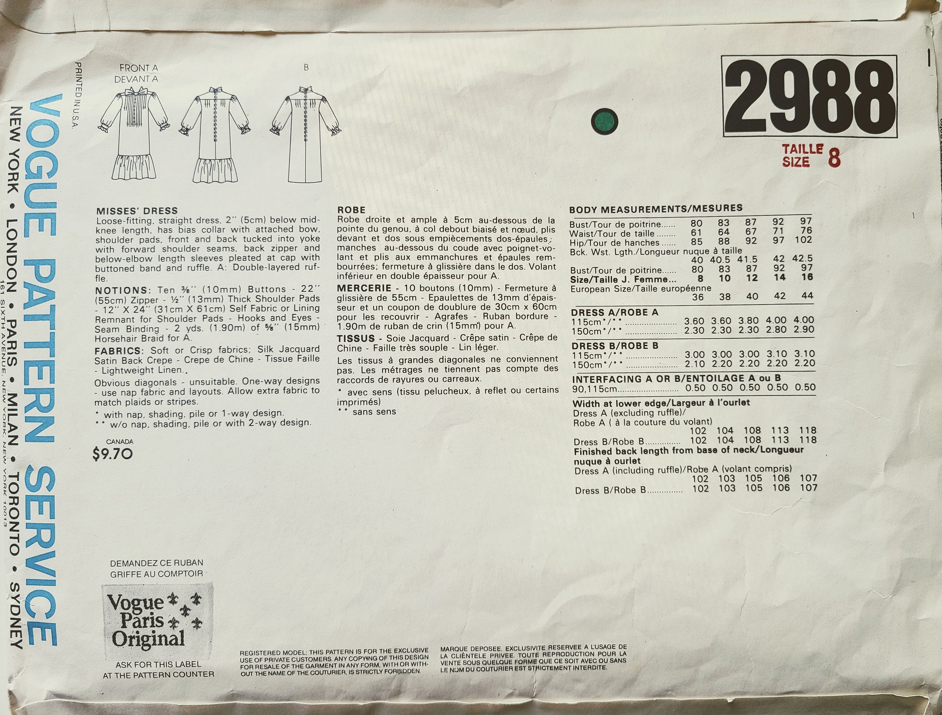 Vintage Vogue 2988 Women's Dress Sewing Pattern Nina - Etsy UK