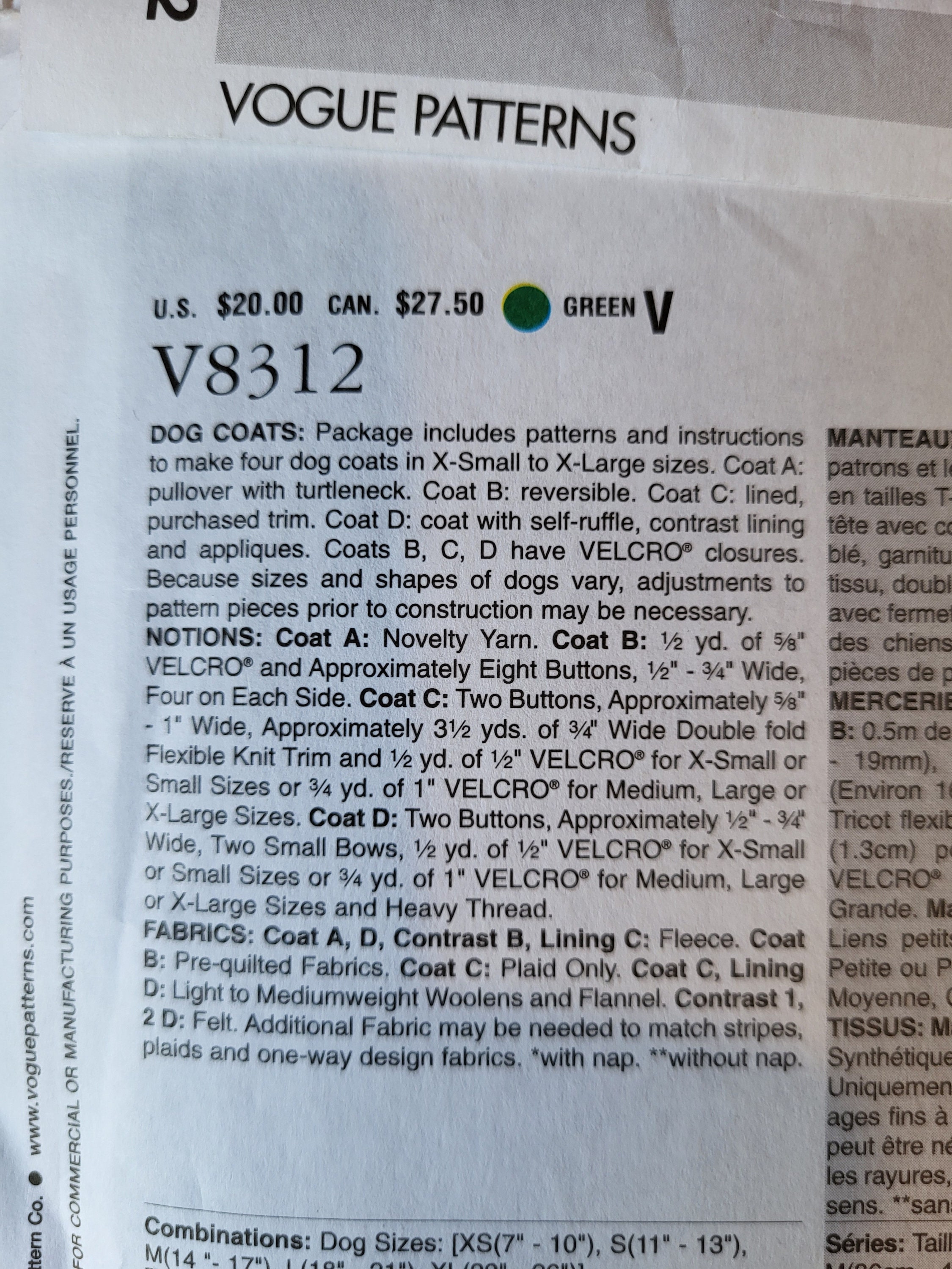 Vogue Craft V8312 Dog Coat Sewing Pattern, Dog Winter Coat Pattern ...