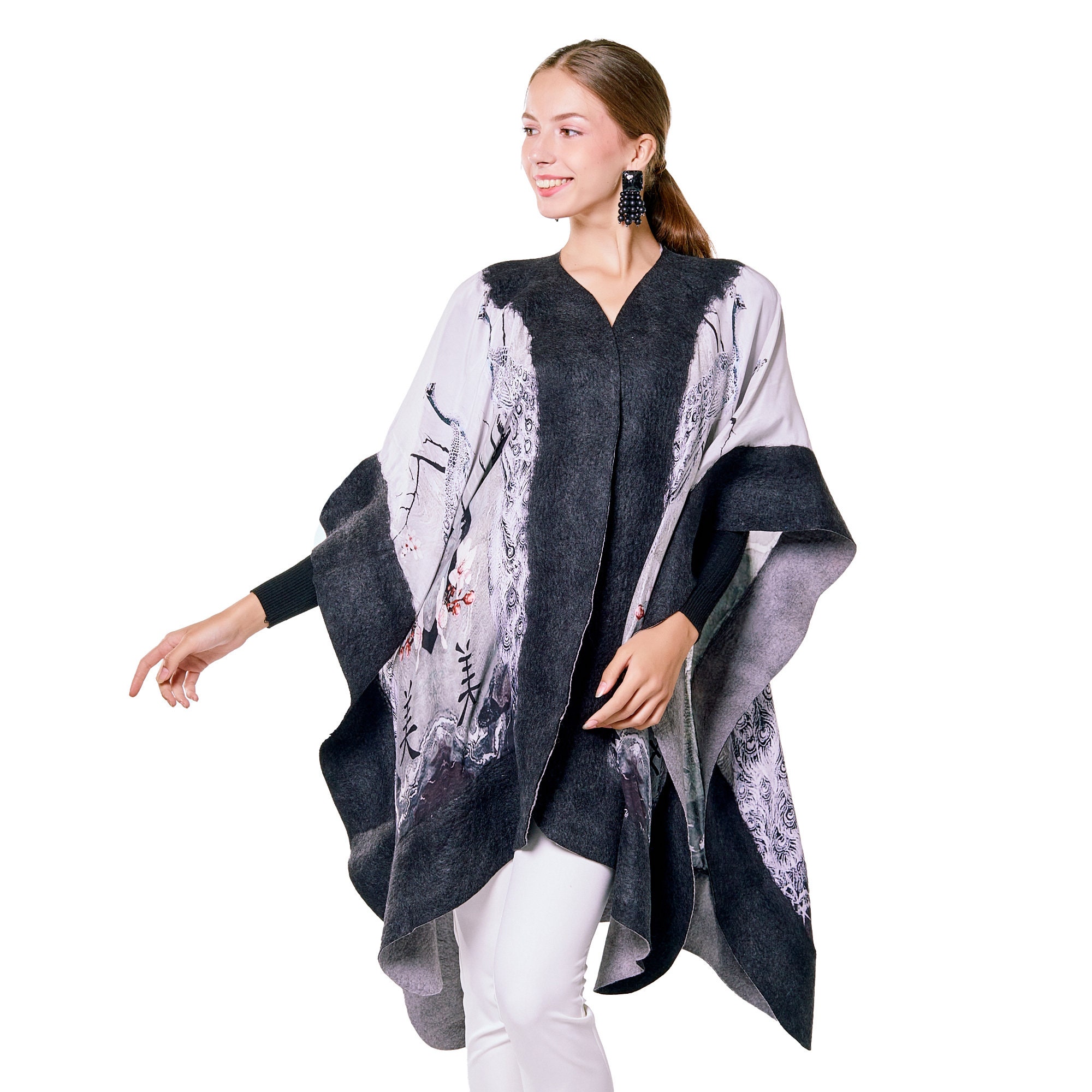 Poncho Peacock Silk Filz Wrap Handwerk Stoff 100% Seide und Merinowolle ...