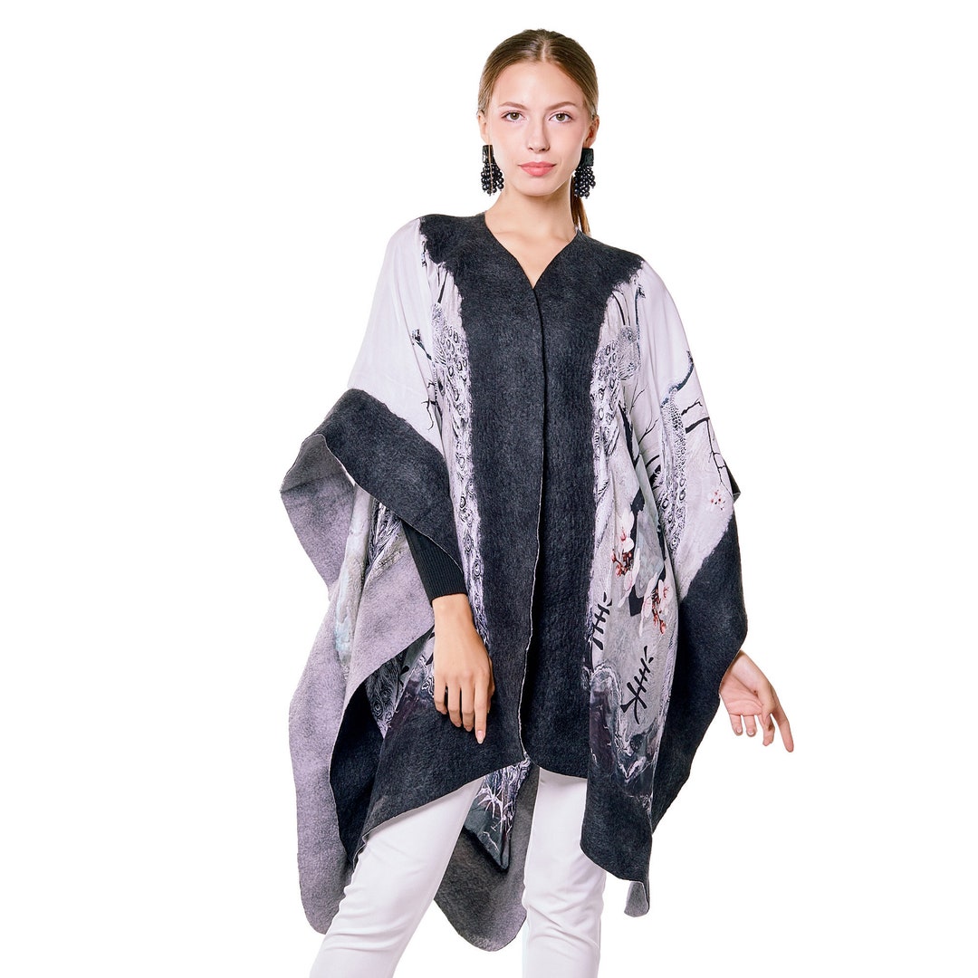Poncho Peacock Silk Filz Wrap Handwerk Stoff 100% Seide und Merinowolle ...
