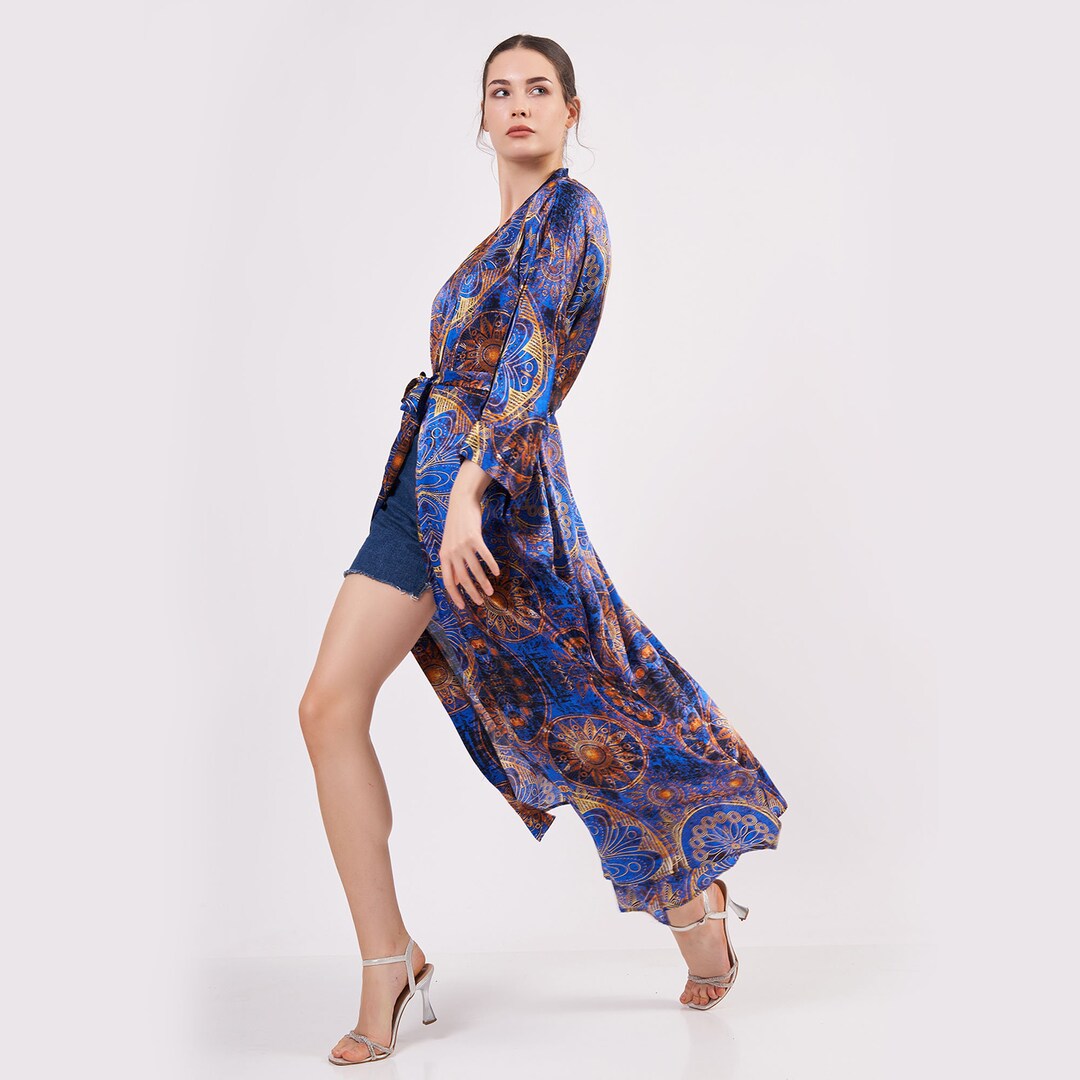 Silk Maxi Kimono Kaftan | Mandala Pattern Sax Blue | Oversized Long ...