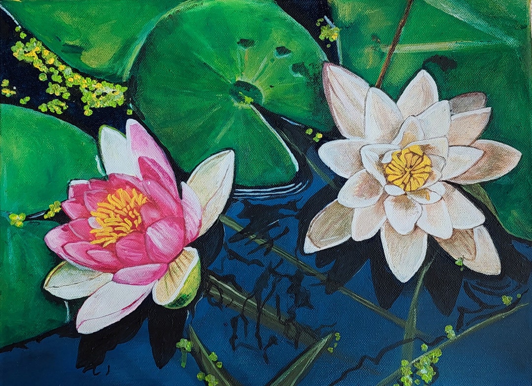 Two-color Water Lily Duet, Oil on Canvas, 30x40x8.8 Cm, Unique ...